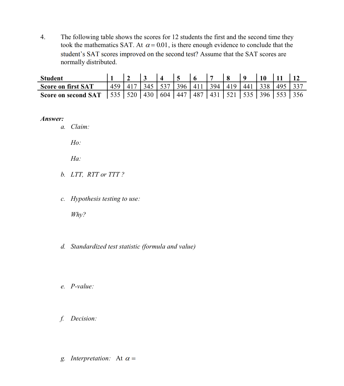 Solved The following table shows the scores for 12 ﻿students | Chegg.com