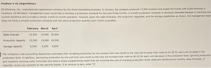 Solved Problem 4-23 (Algorithmic) EZ Windows, Inc., | Chegg.com