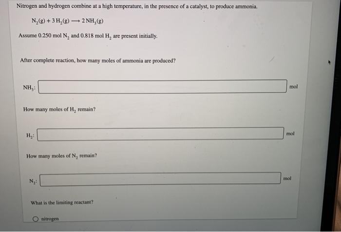 Solved Nitrogen and hydrogen combine at a high temperature, | Chegg.com