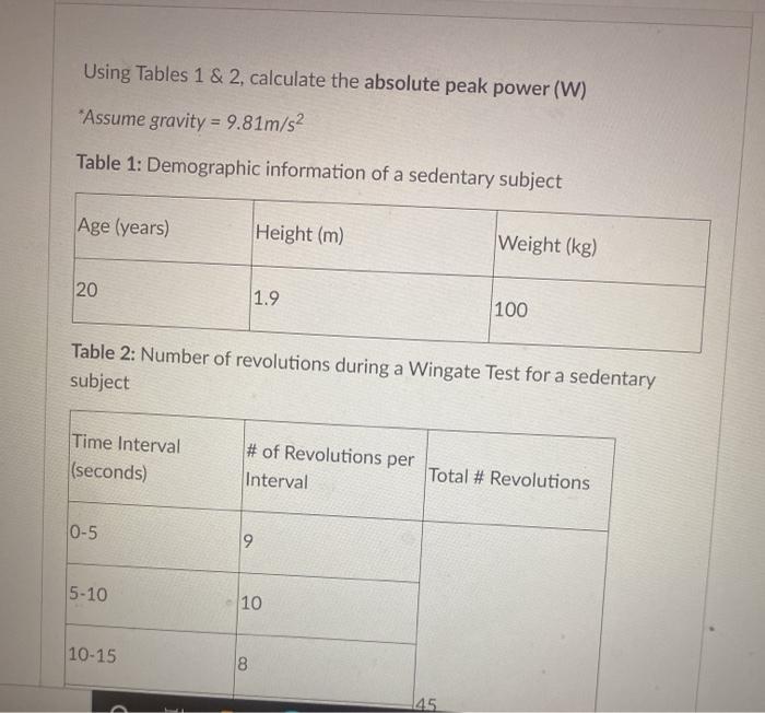 Using Tables 1 & 2, calculate the absolute peak power | Chegg.com