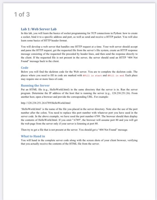 Solved 1 of 3 Lab 1: Web Server Lab In this lab, you will | Chegg.com