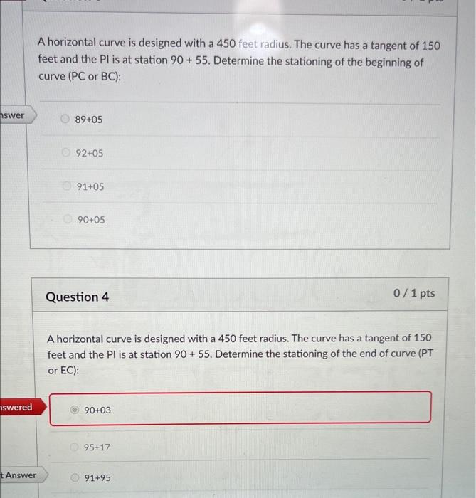 Solved A horizontal curve is designed with a 450 feet | Chegg.com