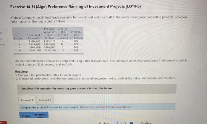 Solved Exercise 14-11 (Algo) Preference Ranking of | Chegg.com