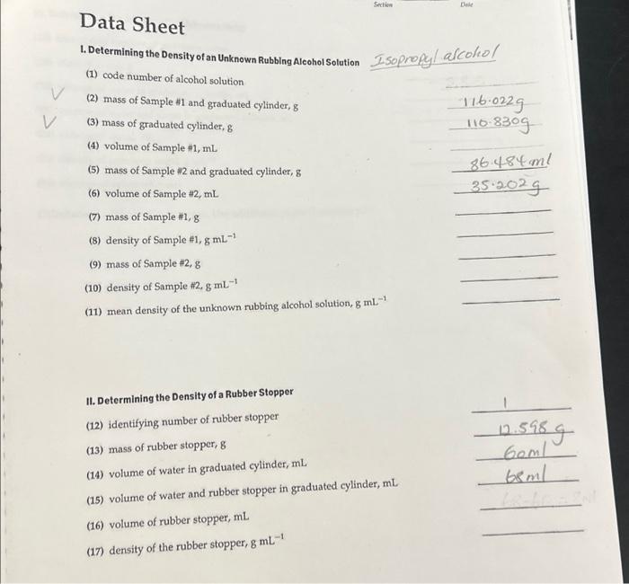 V Section Data Sheet I. Determining the Density of an | Chegg.com
