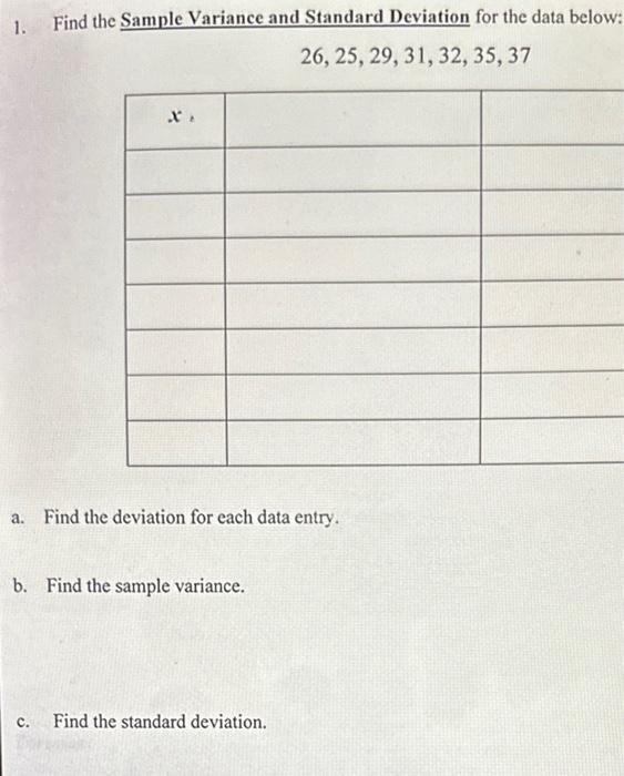 Solved 1. Find the Sample Variance and Standard Deviation | Chegg.com