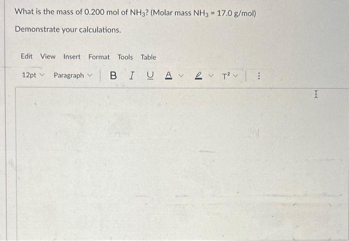 Solved What is the mass of 0.200 mol of NH3 ? (Molar mass | Chegg.com
