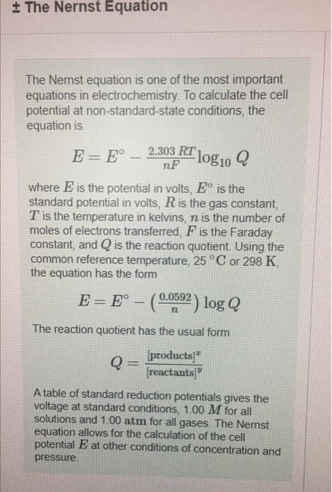 Solved + The Nernst Equation The Nernst equation is one of | Chegg.com