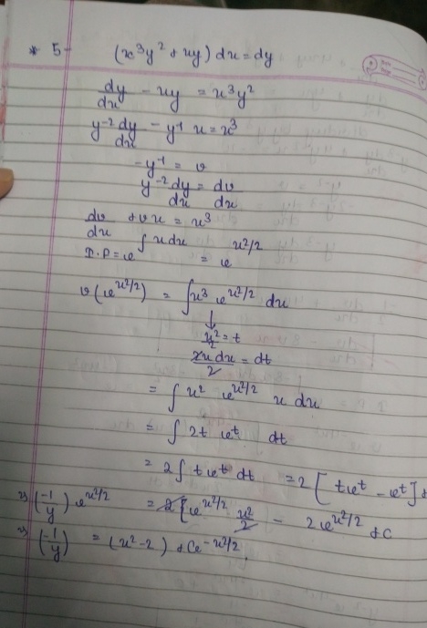Solved 5-(x3y2+xy)dx=dydydx-xy=x3y2y-2dydx-y-1x=x3-y-1=vy-2d | Chegg.com