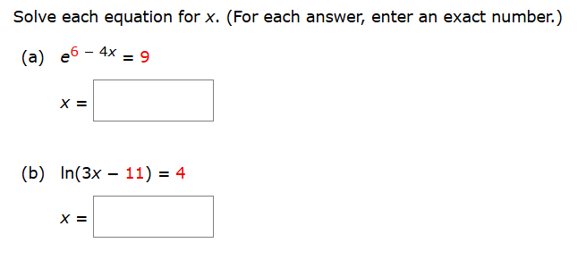 Solved Solve each equation for x. (For each answer, enter an | Chegg.com