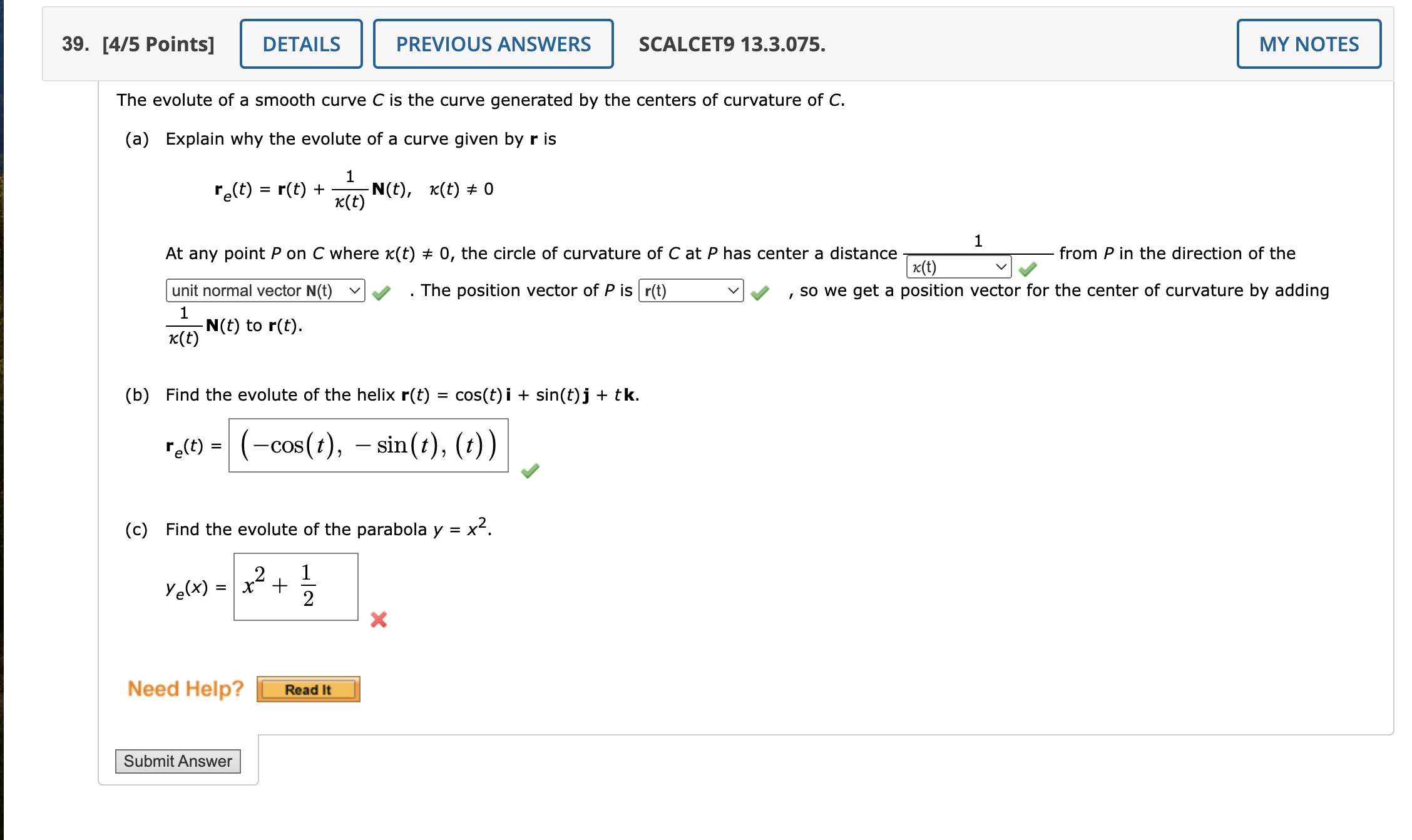 Solved The evolute of a smooth curve C ﻿is the curve | Chegg.com