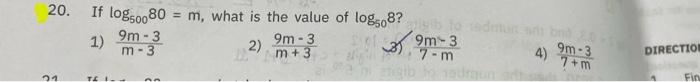 Solved 20. If log50080=m, what is the value of log508 ? 1) | Chegg.com