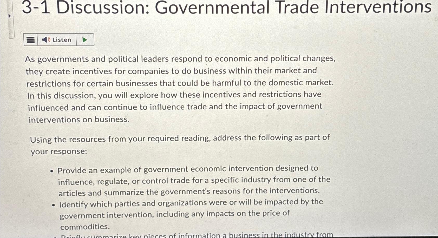 Solved 3-1 ﻿Discussion: Governmental Trade InterventionsAs | Chegg.com