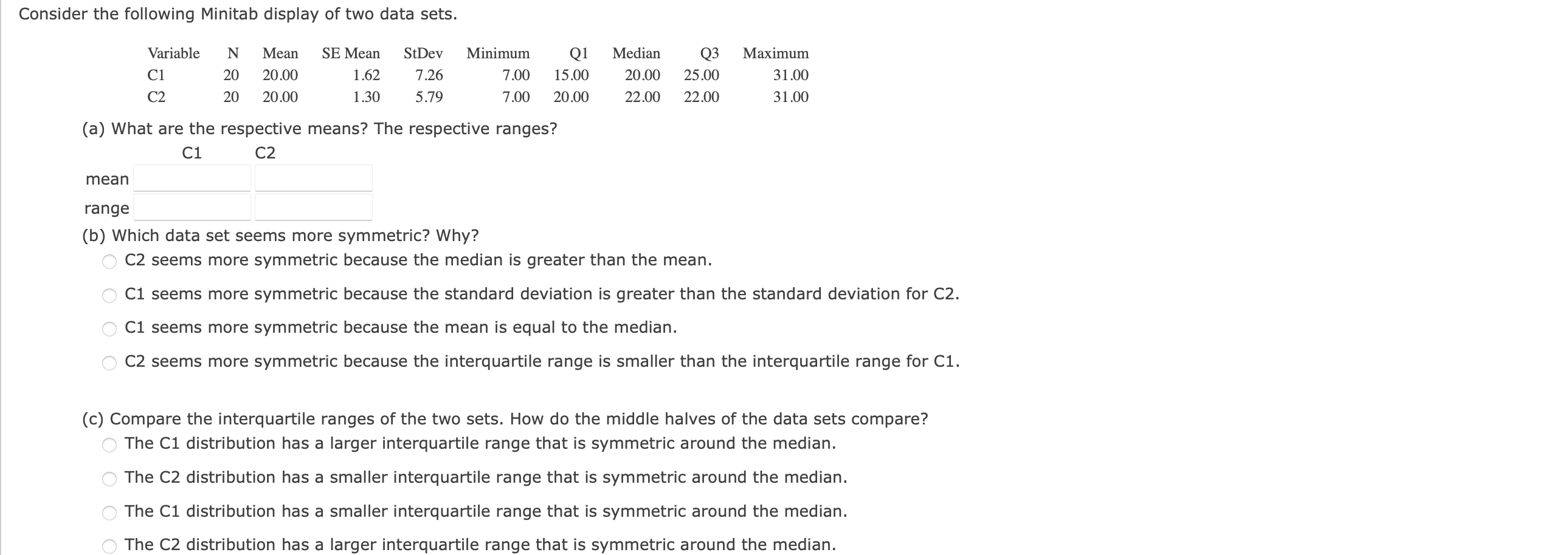 Solved Consider the following Minitab display of two data | Chegg.com
