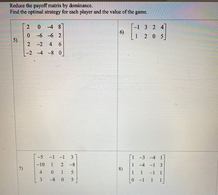 Solved Reduce the payoff matrix by dominance. Find the | Chegg.com