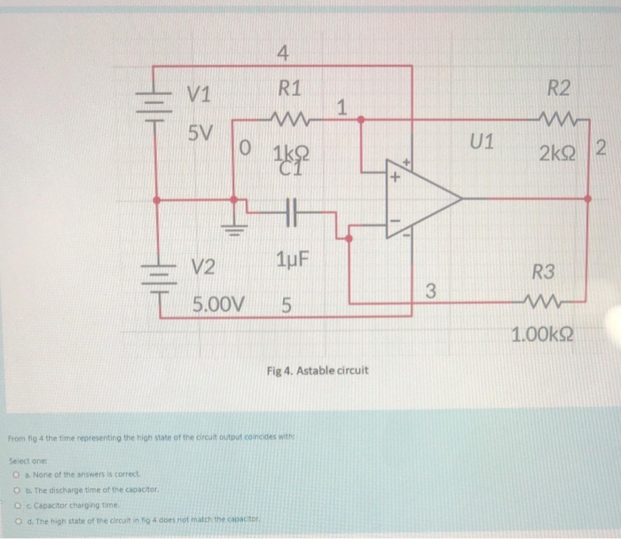 Solved 4. V1 R1 Hulp mn 1 R2 W 5V 0 U1 2k 2 2 1k2 + V2 1uF 3 | Chegg.com