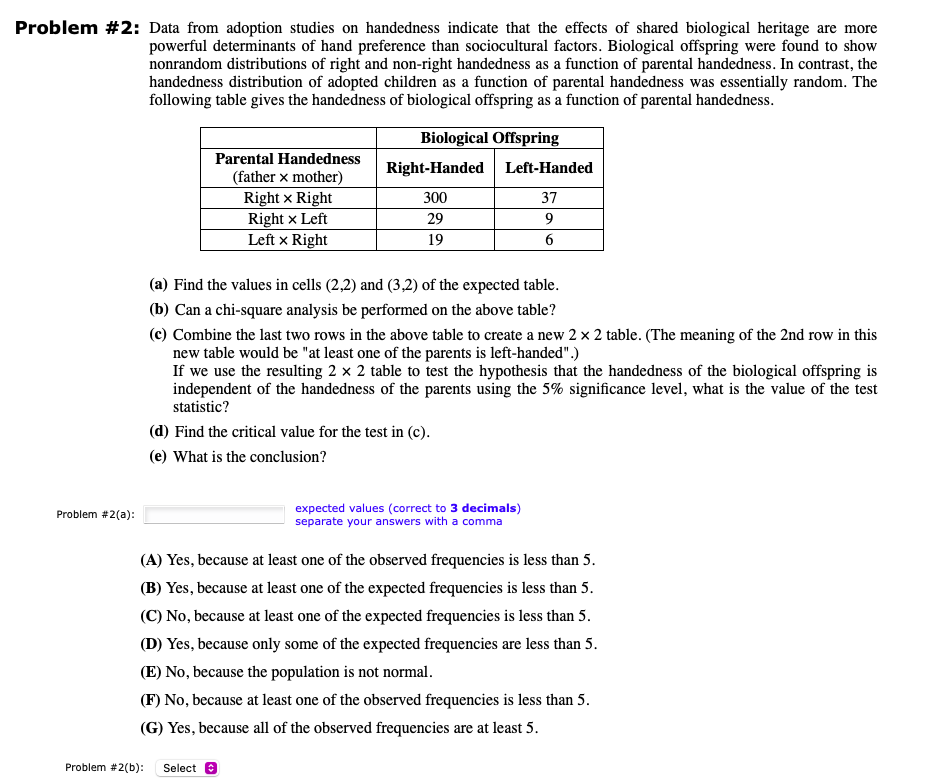 Solved Problem # 2: Data from adoption studies on handedness | Chegg.com