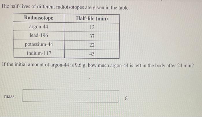 Solved The half-lives of different radioisotopes are given | Chegg.com