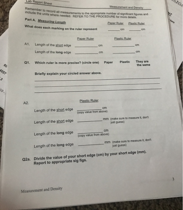 Lab Report Sheet Measurement and Density Remember to | Chegg.com
