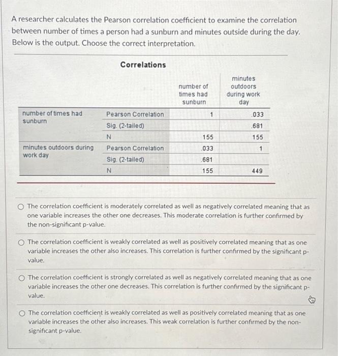 Solved A researcher calculates the Pearson correlation | Chegg.com