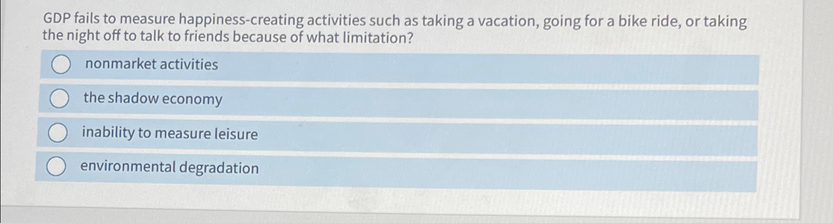 Solved GDP fails to measure happiness-creating activities | Chegg.com