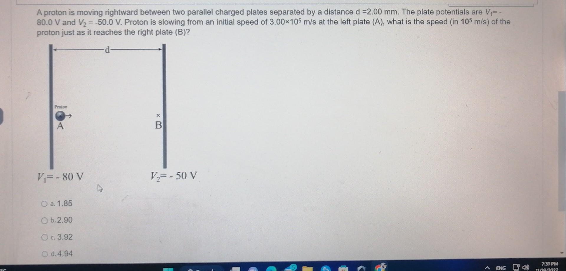 Solved A proton is moving rightward between two parallel | Chegg.com