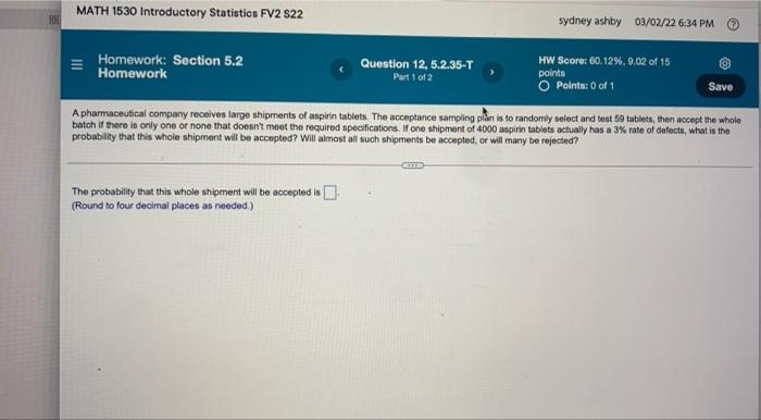 Solved MATH 1530 Introductory Statistics FV2 S22 sydney | Chegg.com