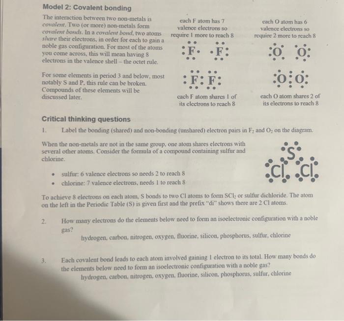 Solved Model 2: Covalent bonding The interaction between two | Chegg.com
