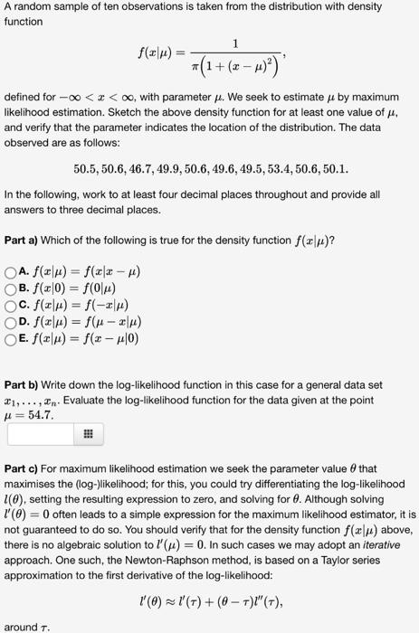 function f(x;μ)=π(1+(x−μ)2)1, delined for −∞ | Chegg.com