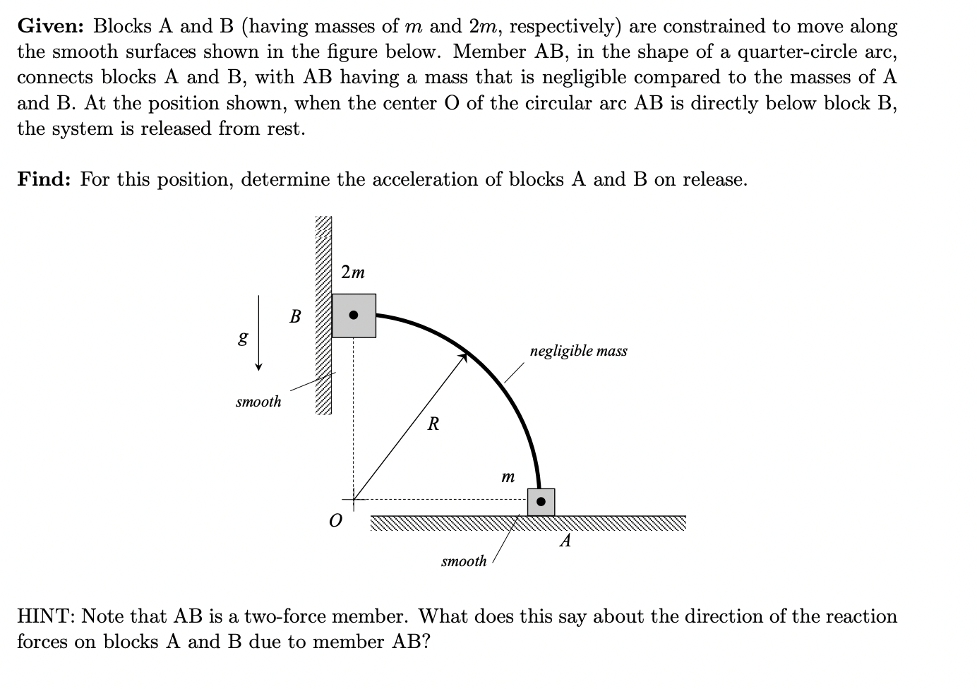 Solved Given: Blocks A and B (having masses of m ﻿and 2m, | Chegg.com
