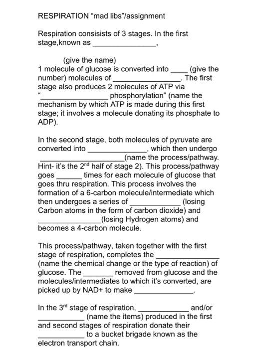 Solved RESPIRATION "mad libs"/assignment Respiration | Chegg.com