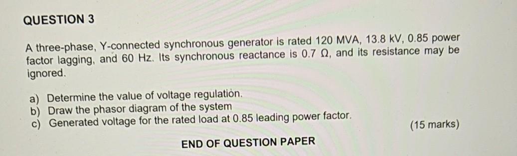 Solved QUESTION 3 A three-phase, Y-connected synchronous | Chegg.com