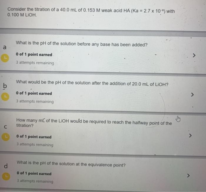 Solved Consider the titration of a 40.0 mL of 0.153 M weak | Chegg.com