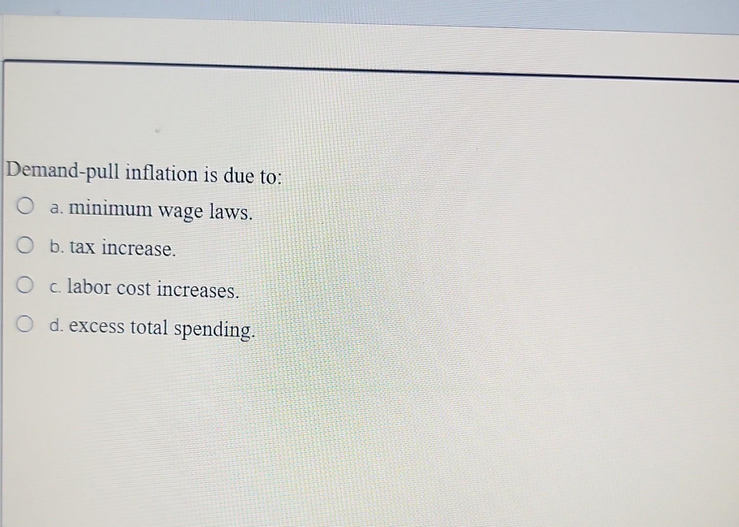 Solved Demand-pull inflation is due to: a. minimum wage | Chegg.com