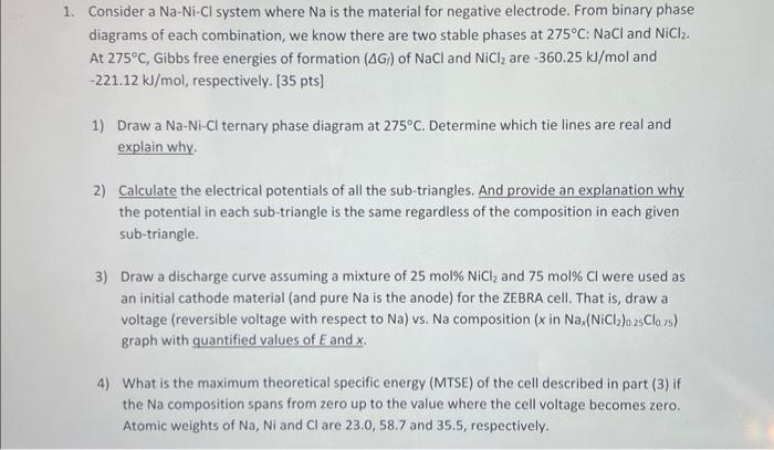 Solved 1. Consider a Na−Ni−Cl system where Na is the | Chegg.com