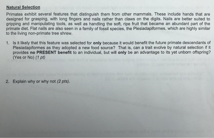 Natural Selection Primates exhibit several features | Chegg.com