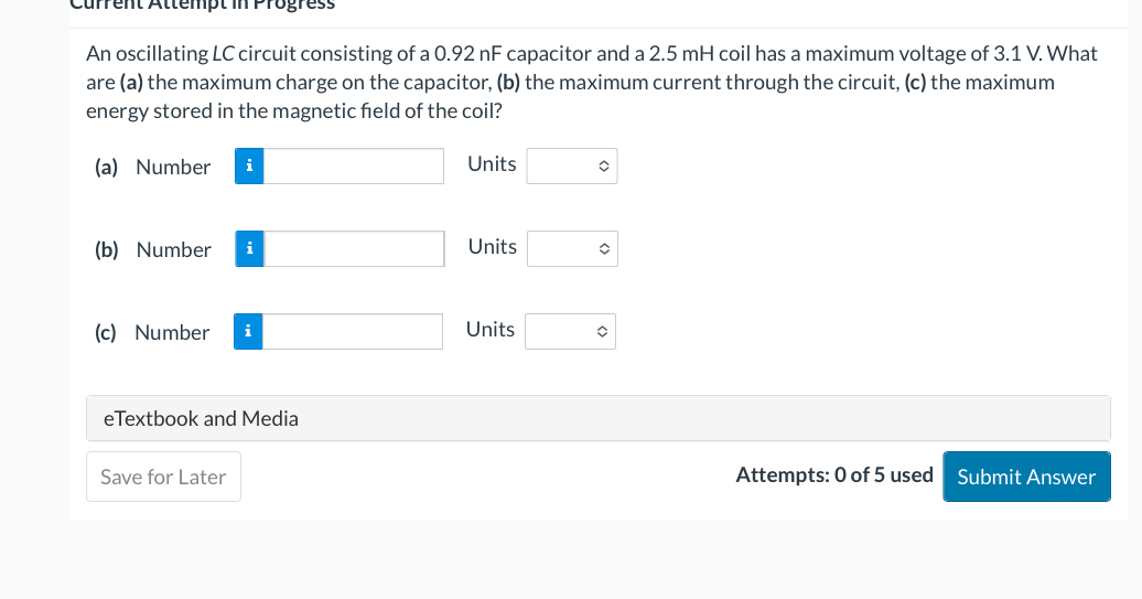 Solved An oscillating LC ﻿circuit consisting of a 0.92nF | Chegg.com