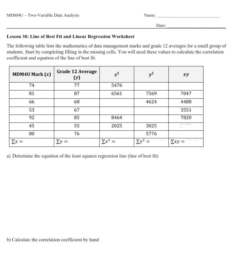 Solved MDM4U-Two-Variable Data Analysis Date: Lesson 38: | Chegg.com
