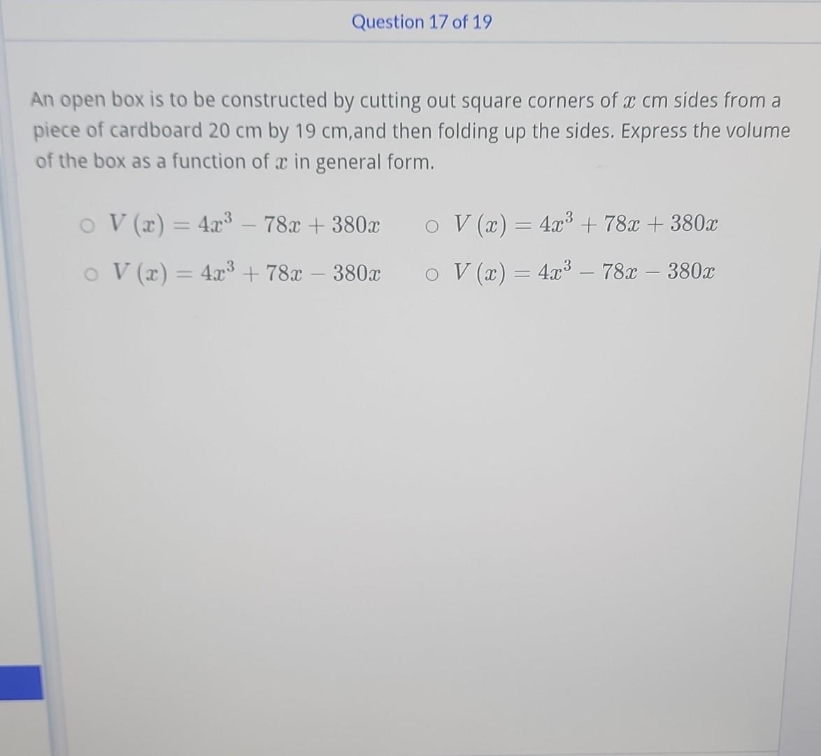 Solved An open box is to be constructed by cutting out | Chegg.com