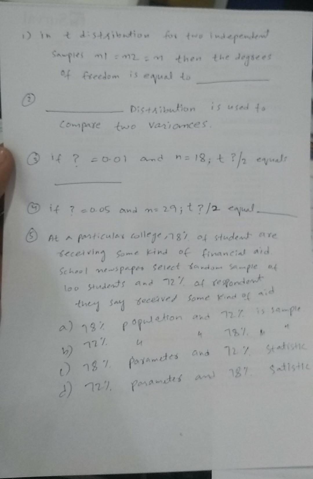 Solved 1) in t distribution for two independent Samples mlm2 | Chegg.com