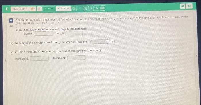 Solved 11. A rocket is launched from a tower 57 feet off the | Chegg.com
