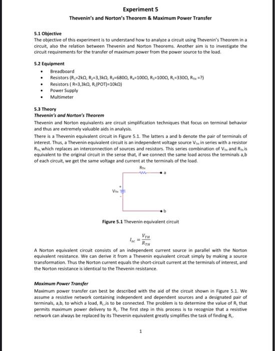 Solved Experiments Thevenin's and Norton's Theorem & Maximum | Chegg.com