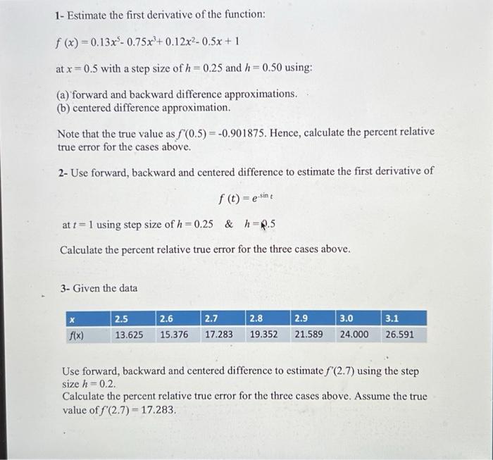 Solved 1- Estimate the first derivative of the function: | Chegg.com