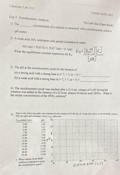 Solved Chemistry Lab 1112 October 26/28, 2021 Exp 7: | Chegg.com