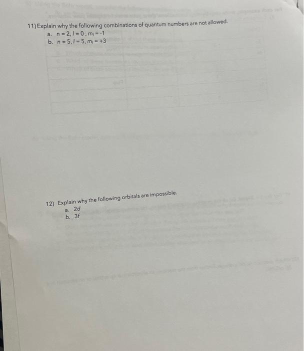 Solved a. n=2,1=0,m1=−1 b. n=5,I=5,m1=+3 12) Explain why the | Chegg.com