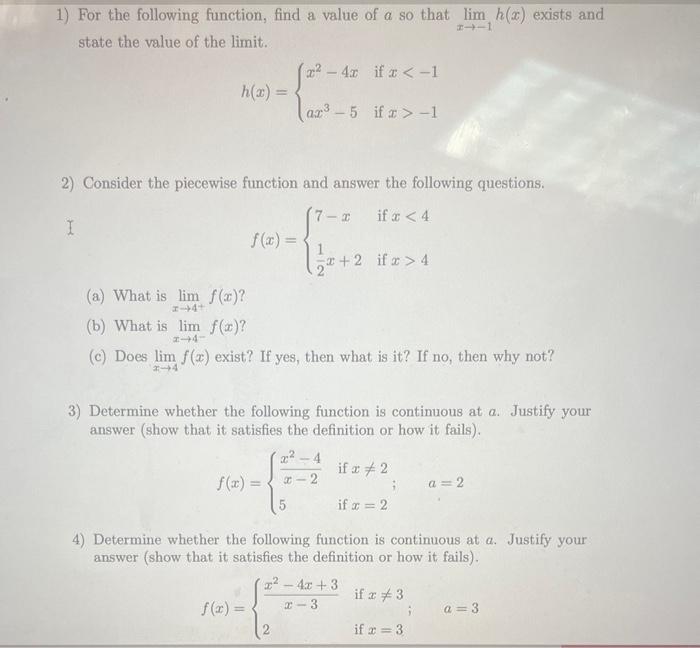 Solved 1) For the following function, find a value of a so | Chegg.com