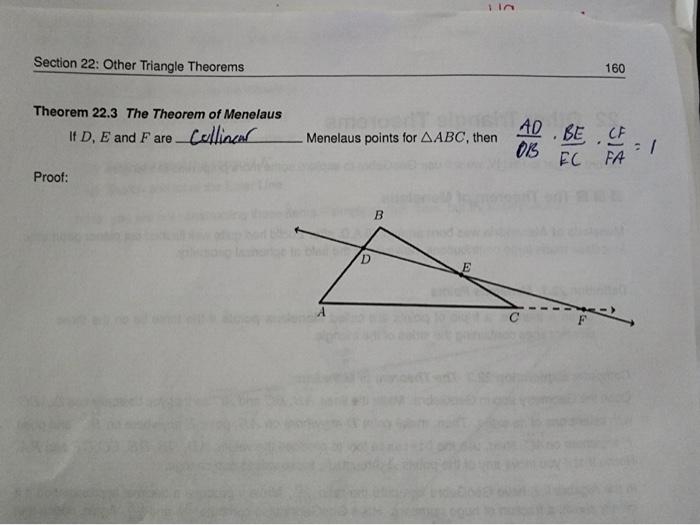 Solved Theorem 22.3 The Theorem of Menelaus If D,E and F are | Chegg.com