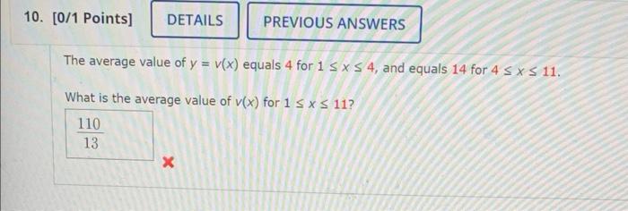 Solved The average value of y=v(x) equals 4 for 1≤x≤4, and | Chegg.com