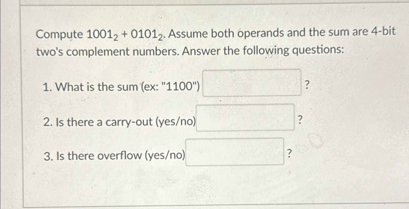 Solved Compute 10012+01012. ﻿Assume both operands and the | Chegg.com