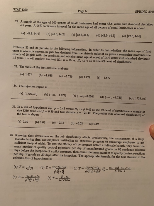 Solved STAT 1220 Page 5 SPRING 2011 22. A sample of the ages | Chegg.com