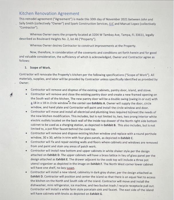 Kitchen Renovation Agreement This remodel agreement | Chegg.com